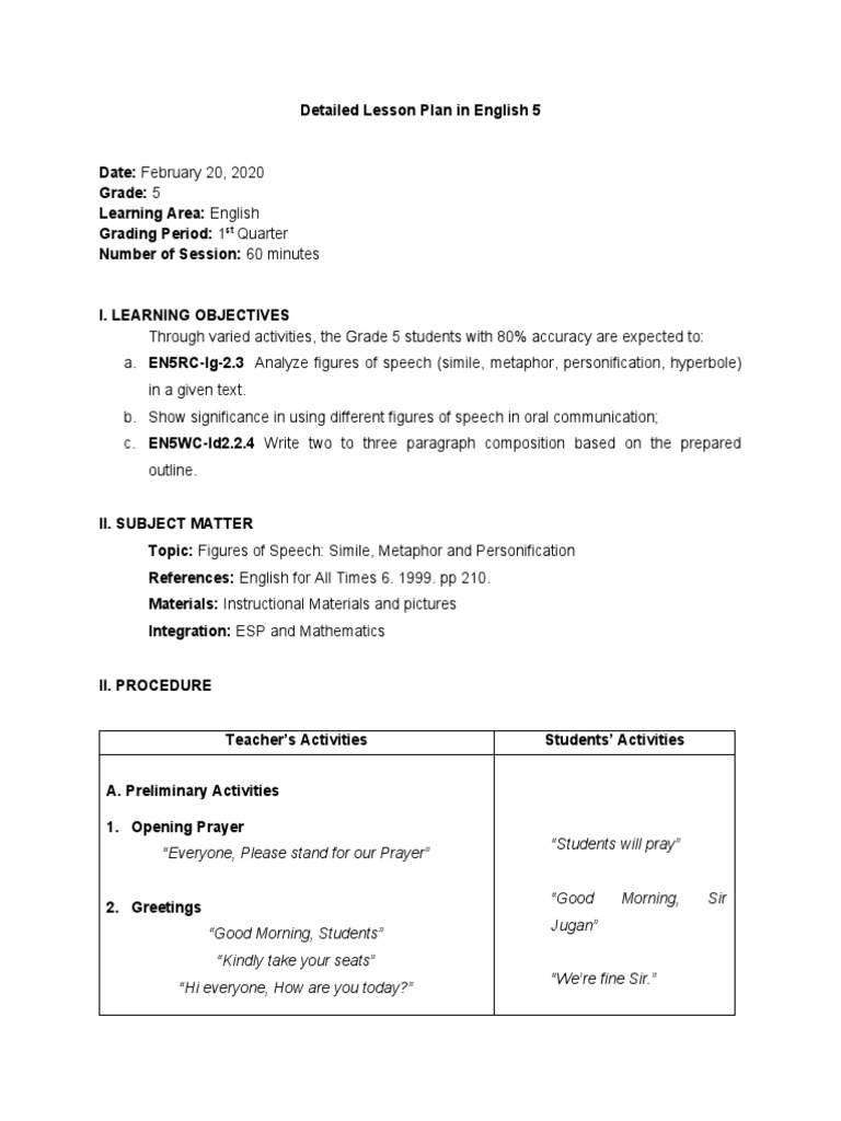 Detailed Lesson Plan in English 5 | PDF | Metaphor | Anthropomorphism