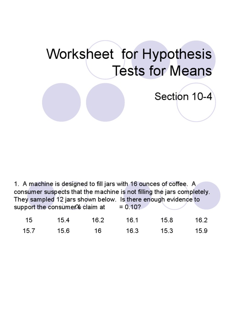 Worksheet For Hypothesis Tests For Means: Section 10-4 | Download Free ...