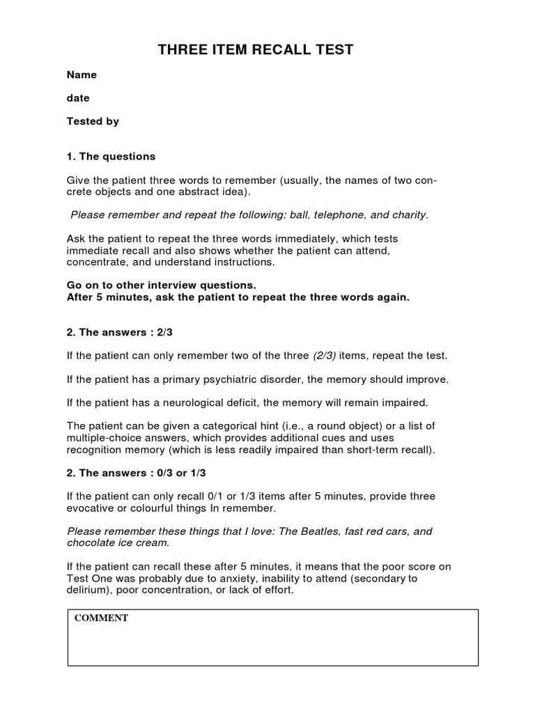 Three-Item Recall Test Instructions | PDF | Wellness | Science ...