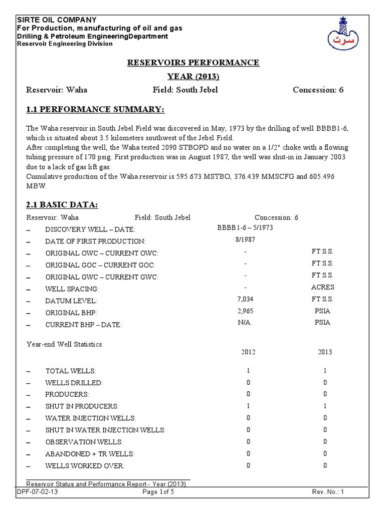 Reservoir: Waha Field: South Jebel Concession: 6 | PDF | Petroleum ...