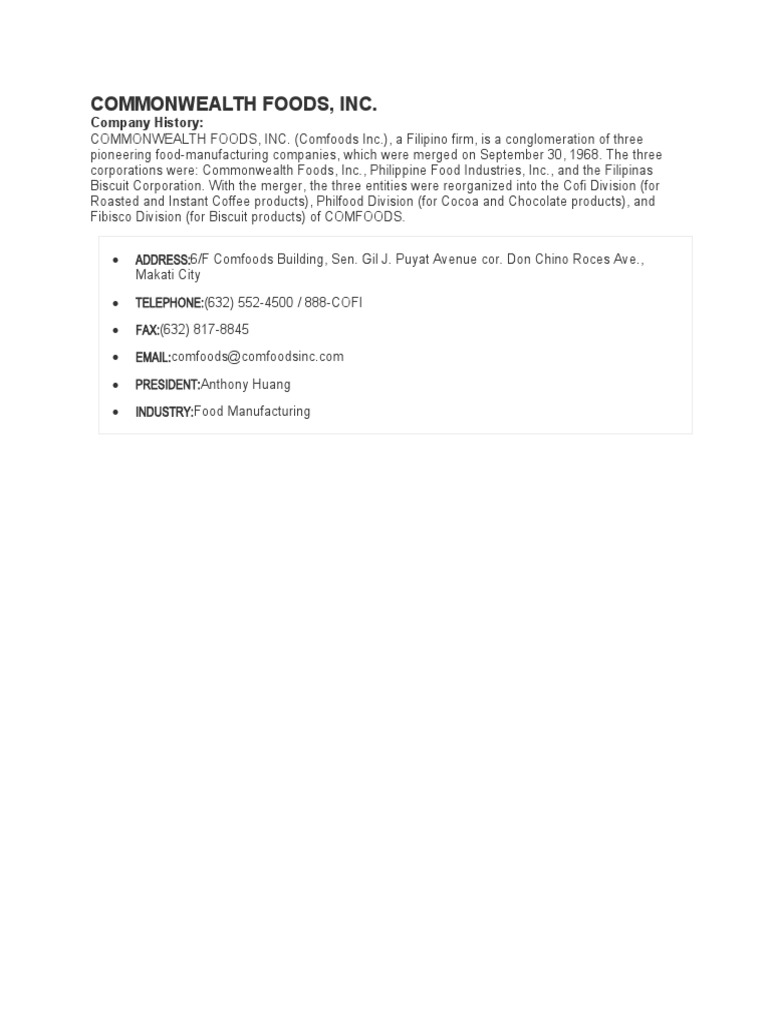 Commonwealth Foods, Inc.: Company History | PDF