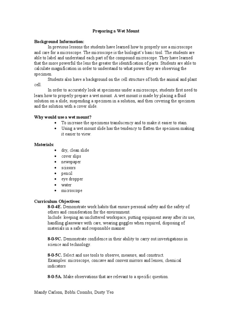 Preparing A Wet Mount - Experimental Skill and Investigation | PDF ...