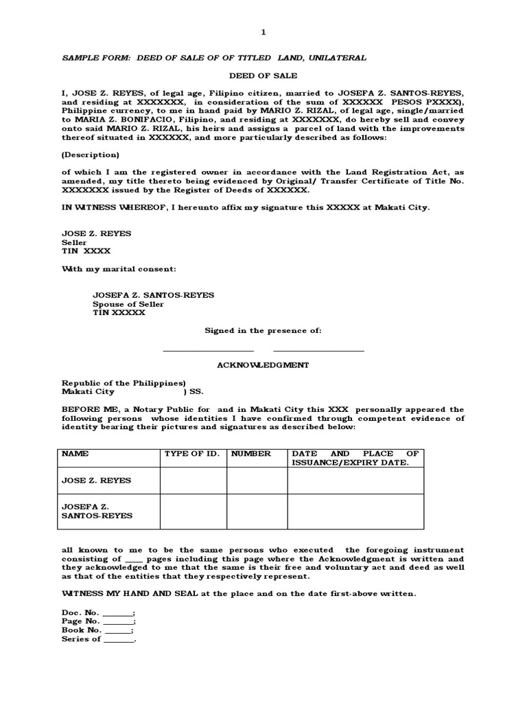 Sample Form: Deed of Sale of of Titled Land, Unilateral | PDF