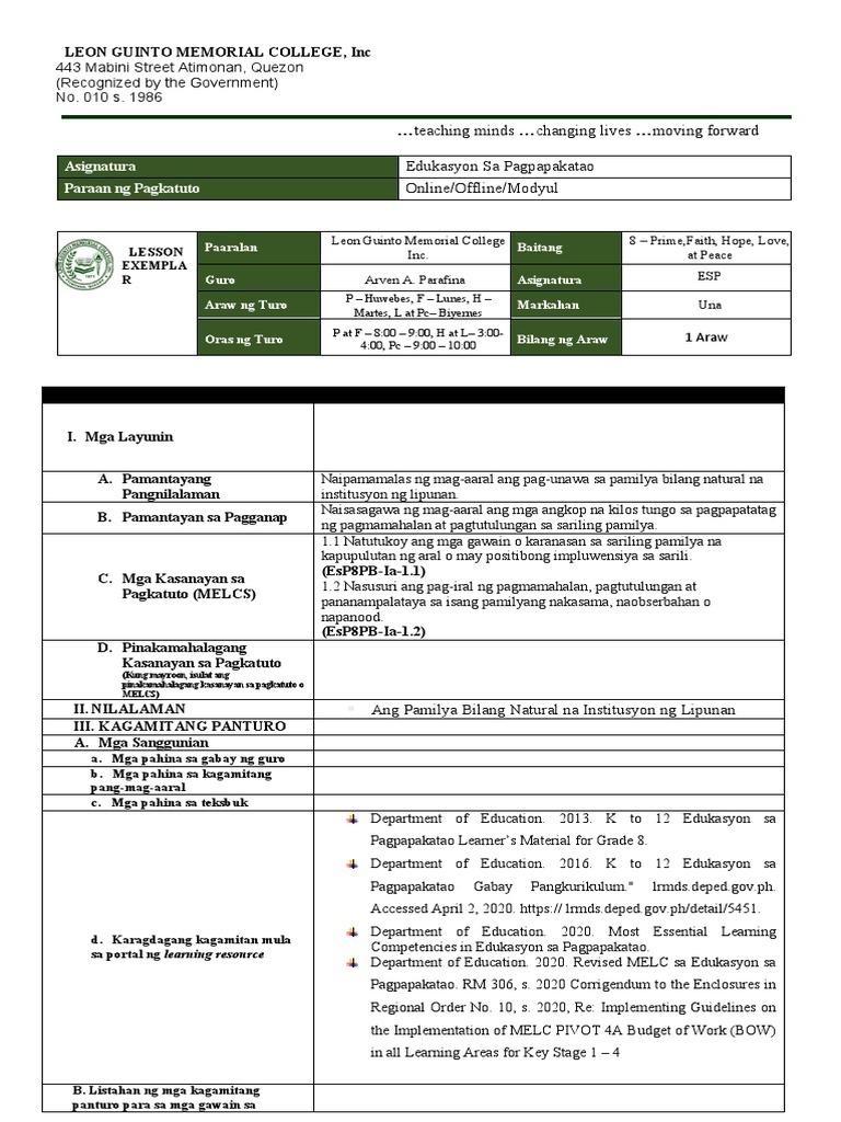 Lesson-Exemplar-sa-ESP 8 Week1 | PDF
