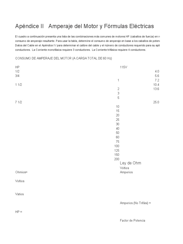 Tabla de referencia de amperaje de motores eléctricos y fórmulas ...