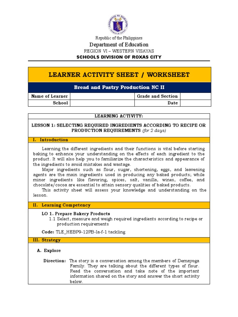 1 Activity Sheet On Baking Ingredients and Their Functions | PDF ...