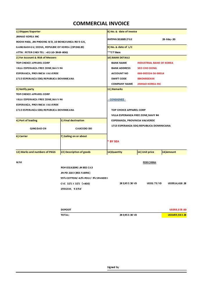 Commercial Invoice: Industrial Bank of Korea Seo Cho Dong 066-093524-56 ...