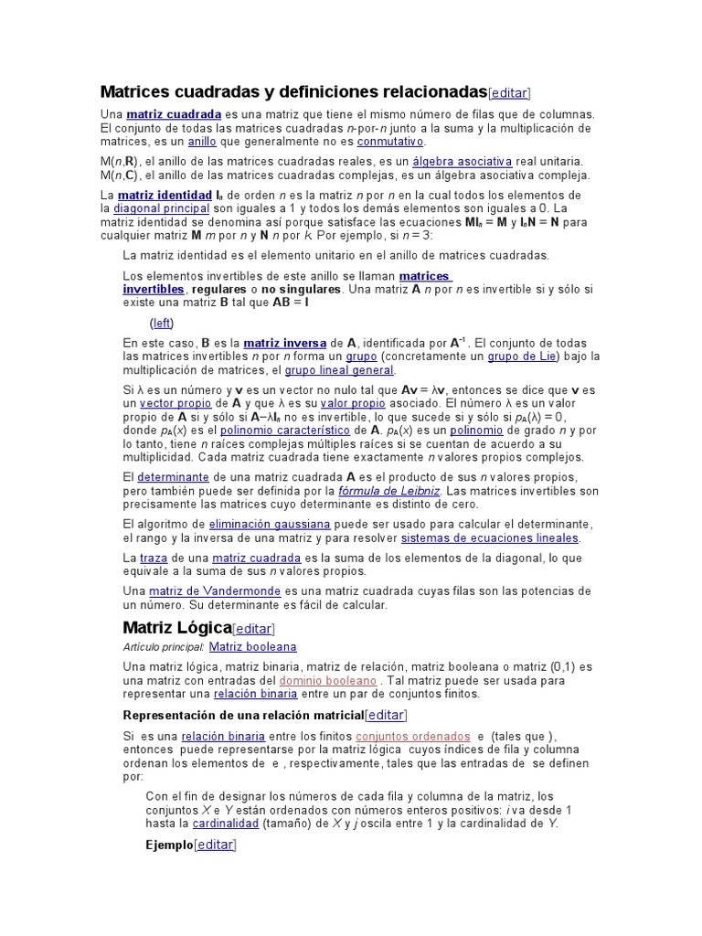 Matrices Cuadradas y Definiciones Relacionadas | PDF | Matriz ...