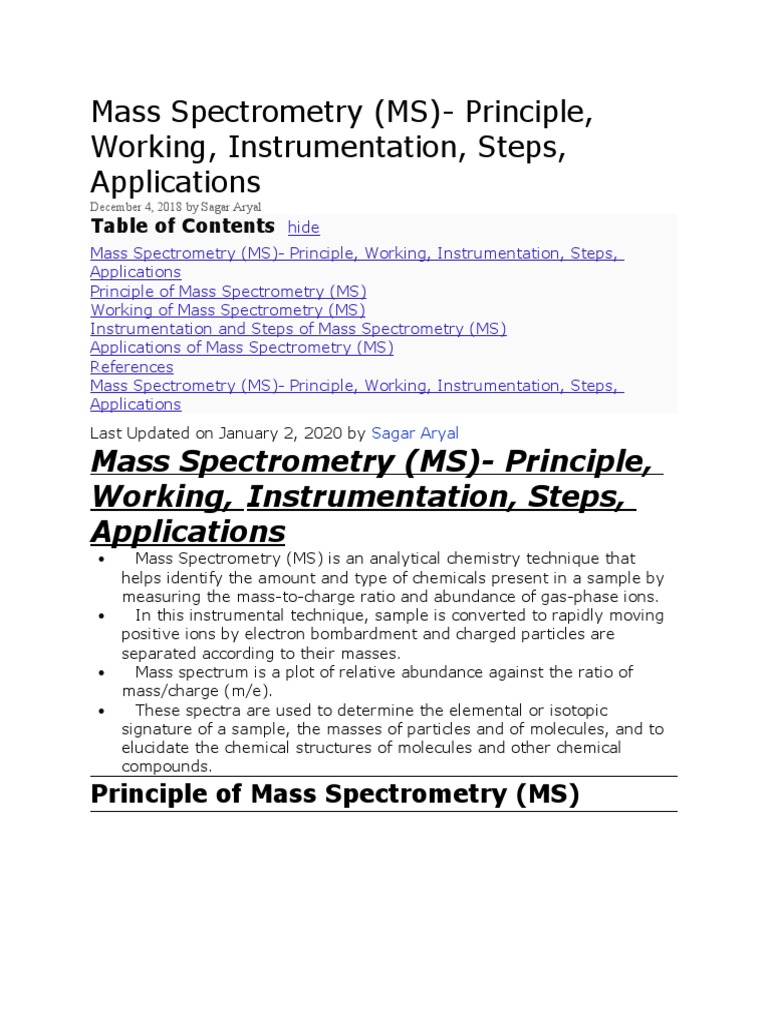 Mass Spectrometry Ms Principle Working Instrumentation Steps Applications Pdf Mass