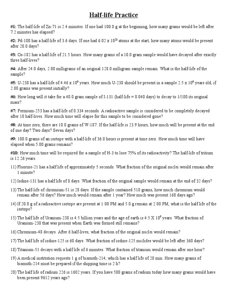 Half-Life Practice | PDF | Radioactive Decay | Isotope