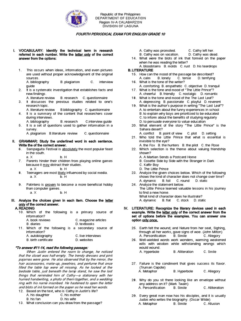 Grade 10 4th Periodical Test EDITED | PDF | Surveillance | The Little ...