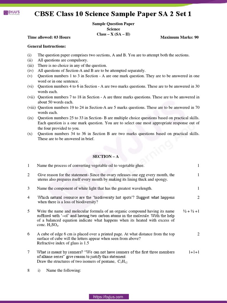 CBSE Class 10 Science Sample Paper SA 2 Set 1 | PDF | Question | Molecules