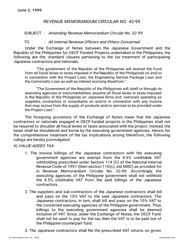 RMC 42-99 17533-1999-Amending - Revenue - Memorandum - Circular - No. | PDF | Value Added Tax ...