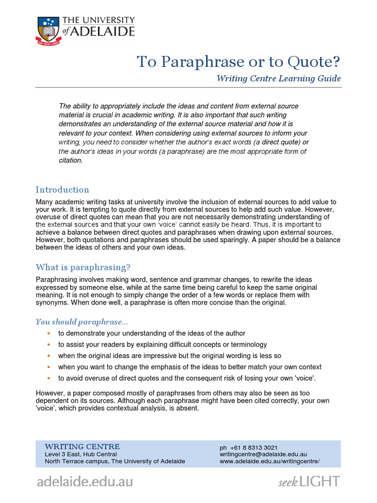 To Paraphrase or To Quote?: Writing Centre Learning Guide | PDF ...