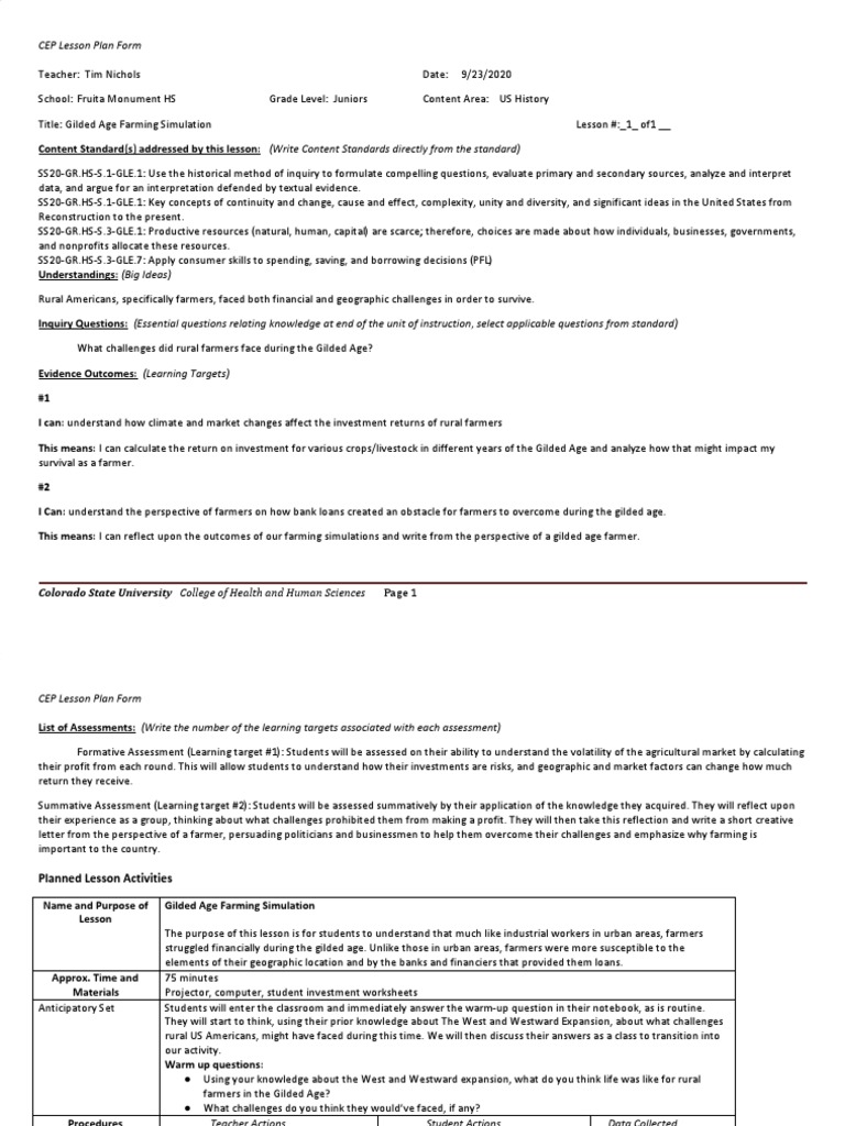 Final Gilded Age Farming Lesson Plan - 2 | PDF | Lesson Plan | Farmer