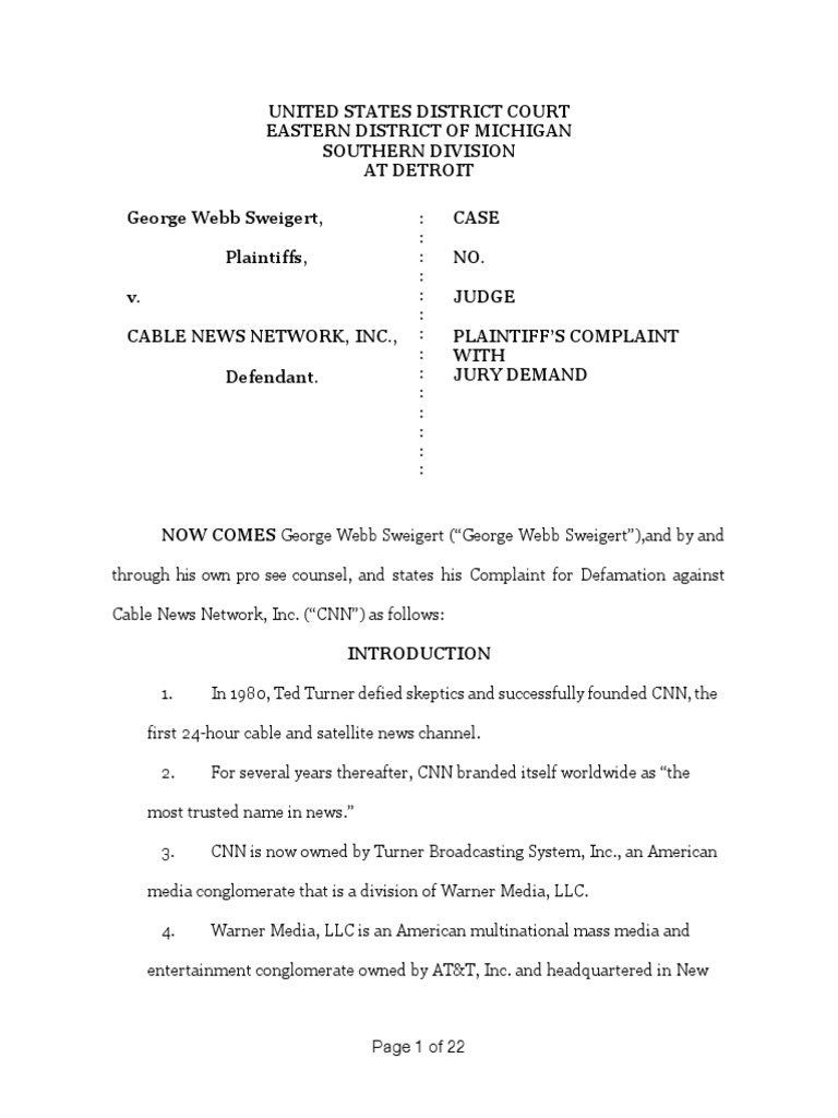 George Webb Sweigert Vs CNN | PDF | Defamation | Cnn