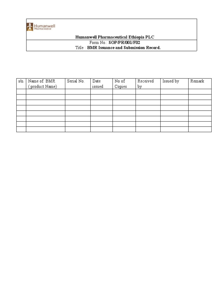 Form No.: Title: BMR Issuance and Submission Record.: Humanwell ...