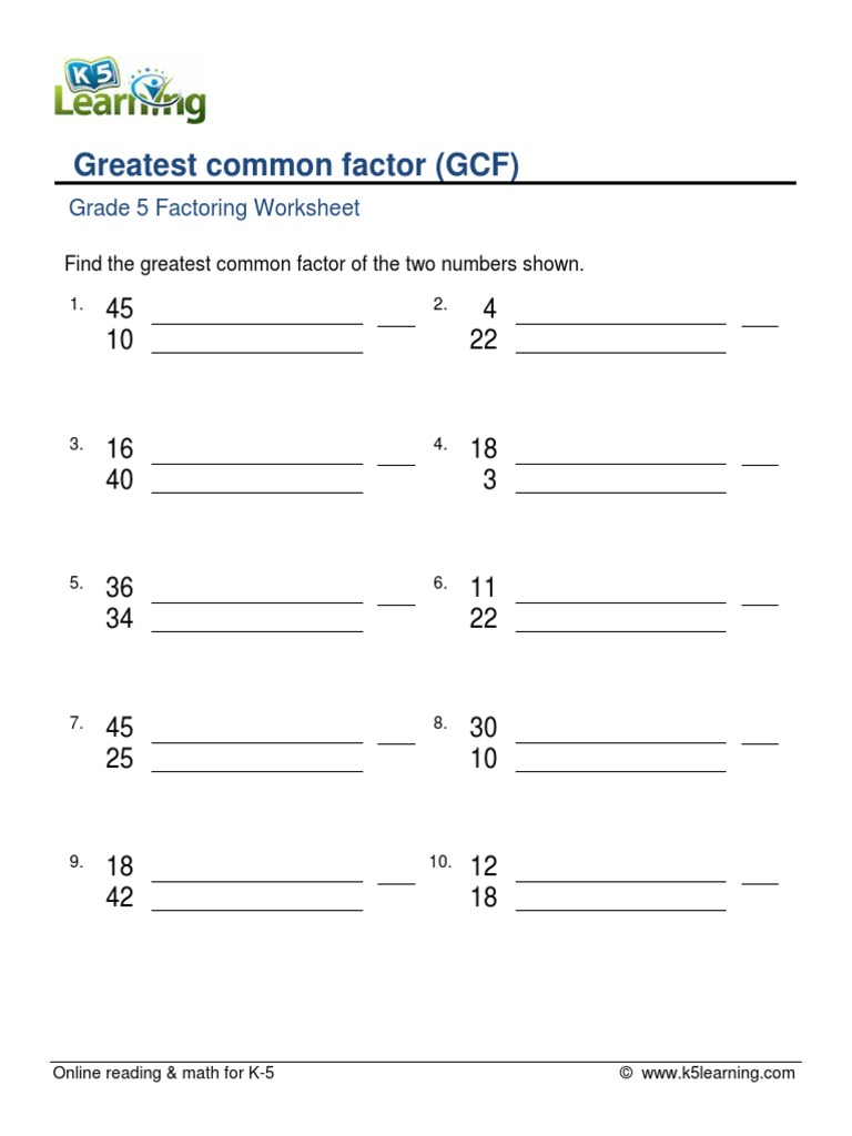 Greatest Common Factor (GCF) : Grade 5 Factoring Worksheet | PDF