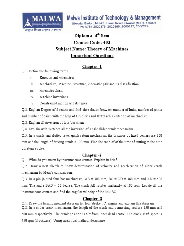 Diploma-4 Sem Course Code: 403 Subject Name: Theory of Machines ...