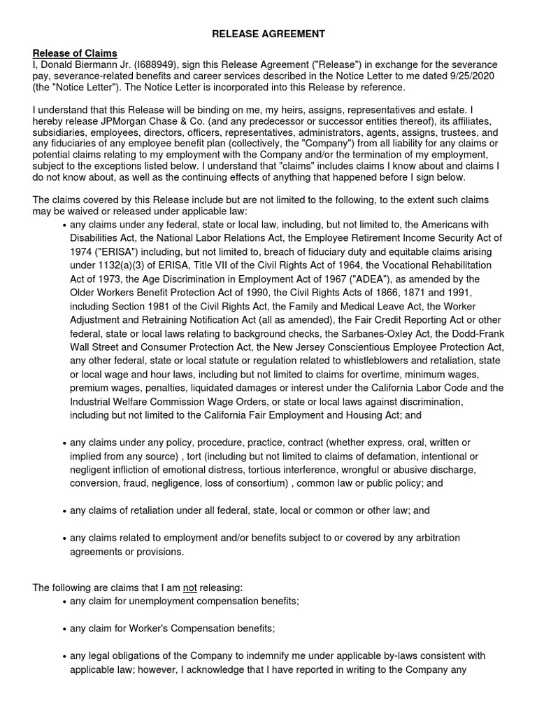 Release Agreement Pdf Pdf Trade Secret Employment