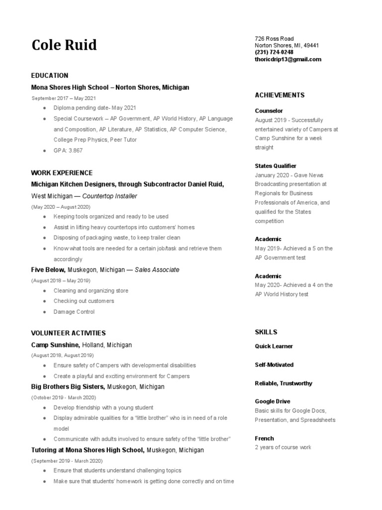 Cole Ruid Resume 2020-2021 | Download Free PDF | Behavior Modification ...