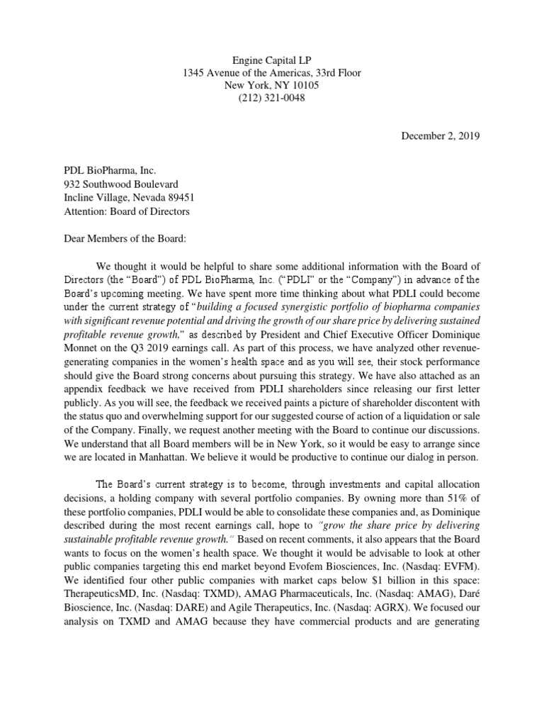 Engine Capital Letter To PDLI Board | PDF | Discounting | Stocks