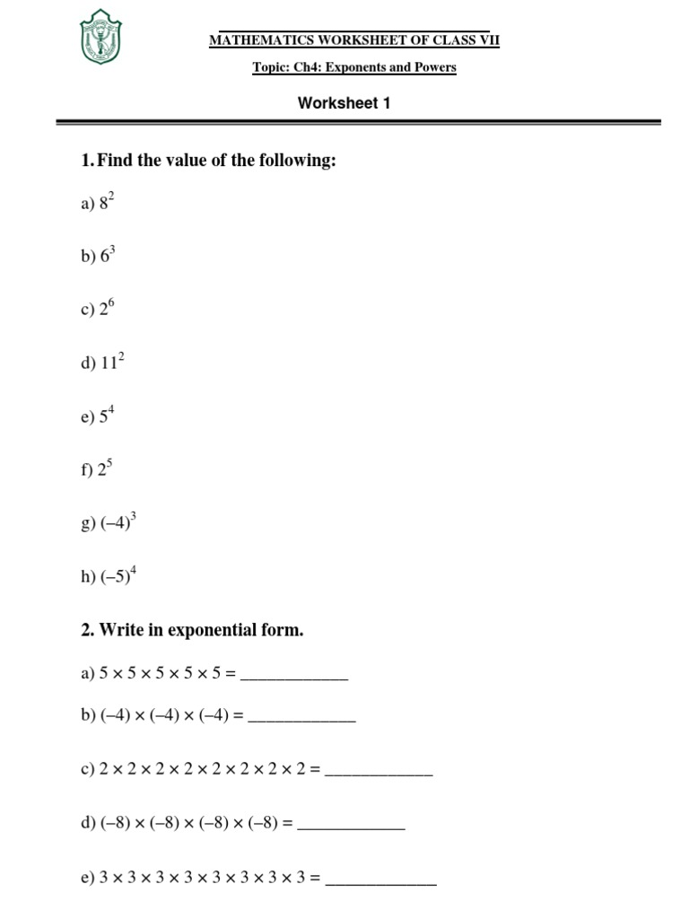 CBSE Clas 7 Maths Worksheet - Exponents & Powers PDF | PDF ...