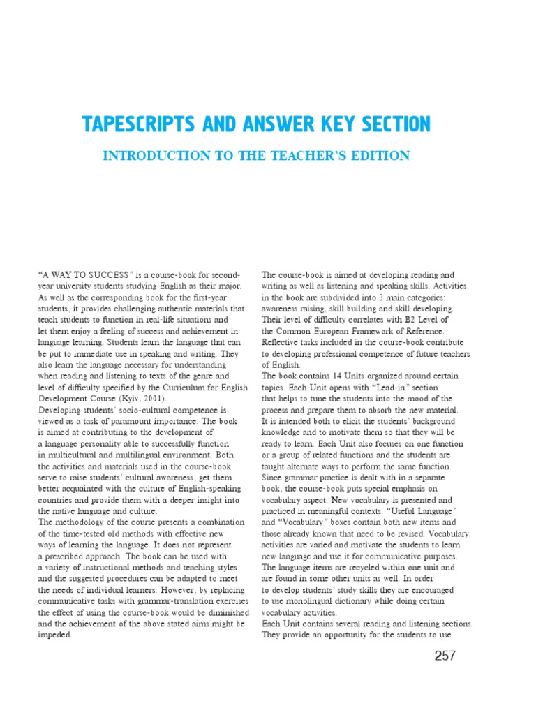 Tapescripts and Answer Key Section: Introduction To The Teacher'S Edition | PDF | Reading ...