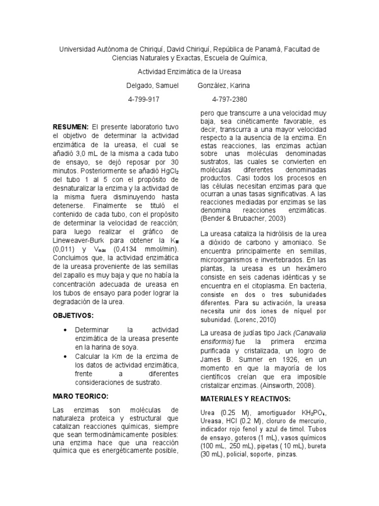 Actividad Enzimática de La Ureasa Terminado | PDF | Enzima | Catálisis