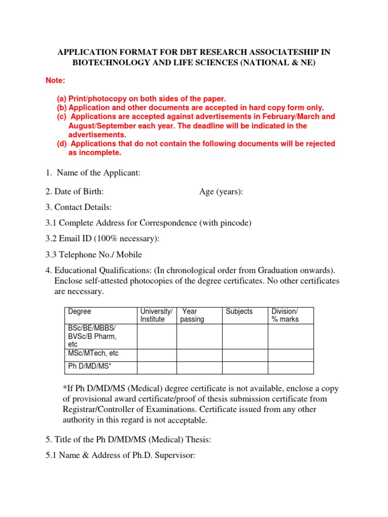 DBT-RA Application Format PDF | PDF | Doctor Of Philosophy | Thesis
