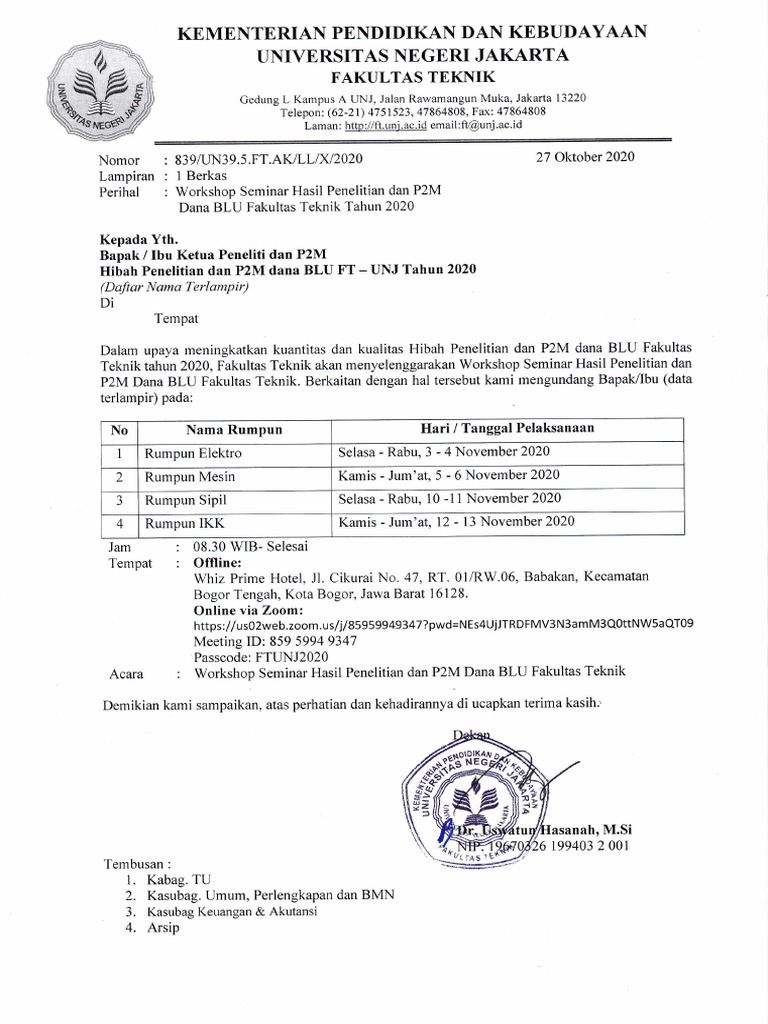 Surat Undangan Workshop Seminar Hasil Penelitian Dan P2M FT Tahun 2020 | PDF