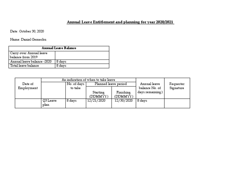 FY2020 Q1 Annual Leave Plan - Daniel Gemechu | PDF