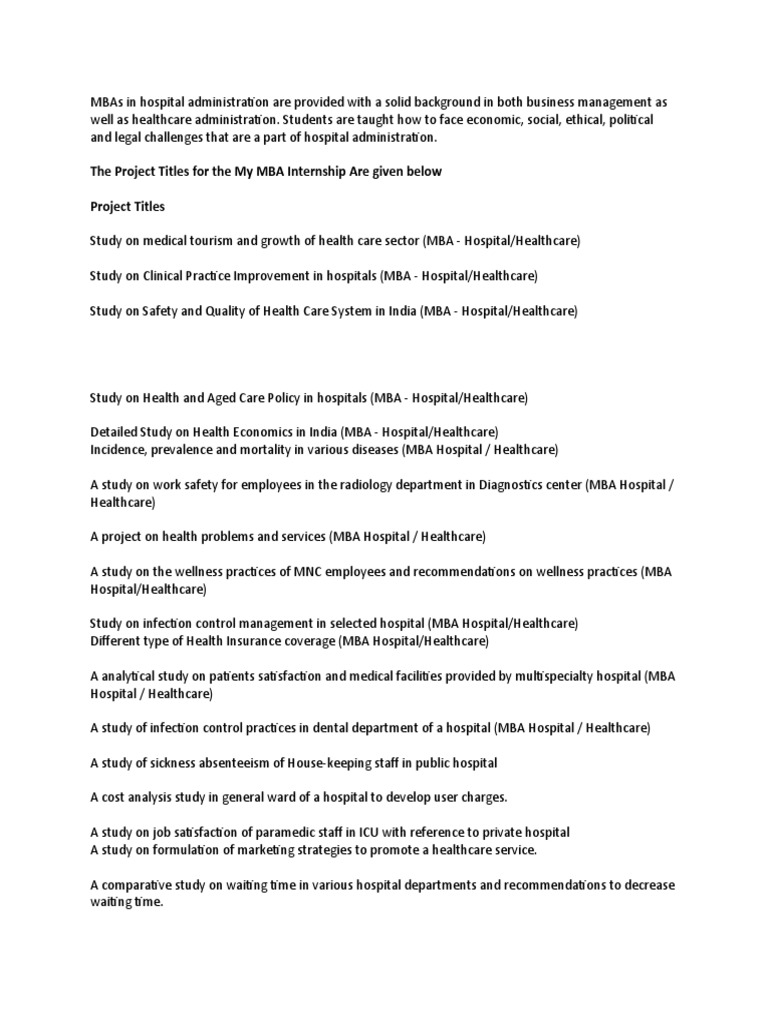 MBA Hospital Management Projects | PDF | Health Administration | Health ...