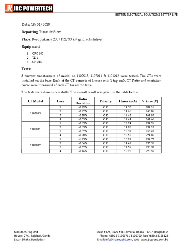 Summary Report of Barapukuria PGCB GRID Transformer & CT Testing (18.1. ...