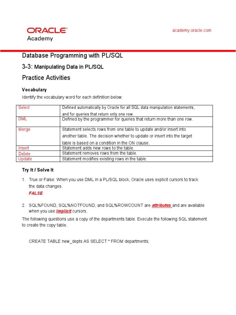 Database Programming With PL/SQL 3-3: Practice Activities | PDF | Pl/Sql | Sql