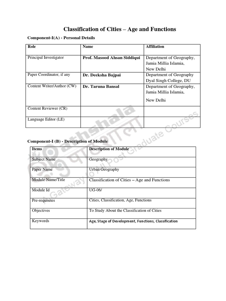Classification of Cities - Age and Functions: Component-I (A ...