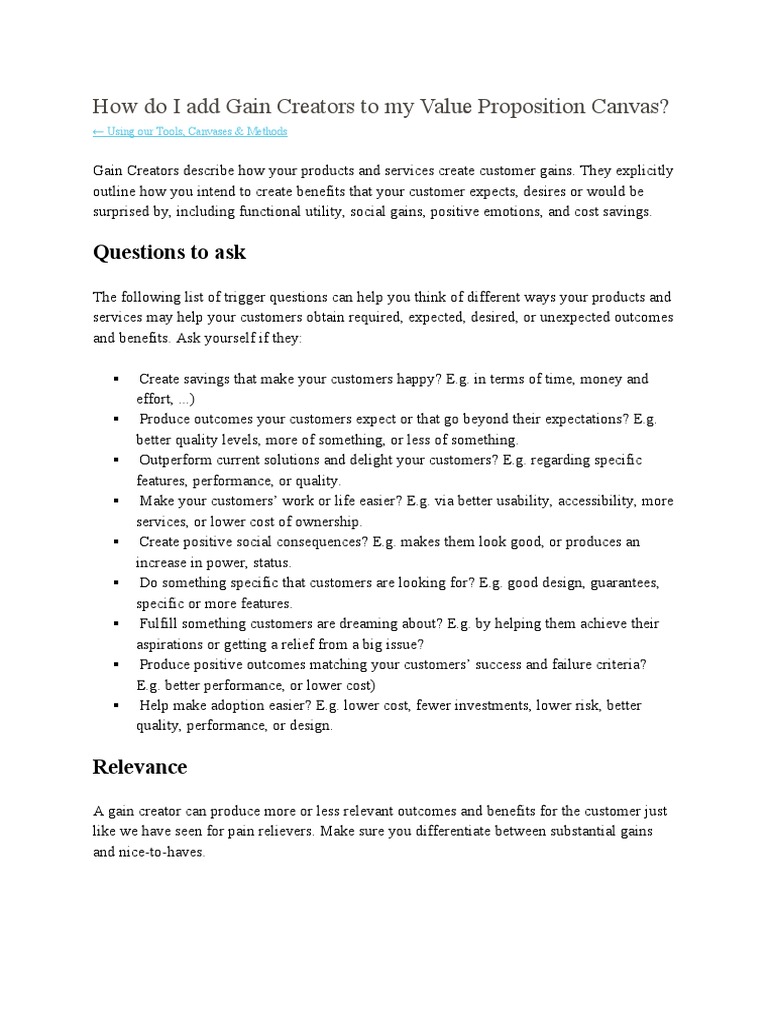 How Do I Add Gain Creators To My Value Proposition Canvas | PDF