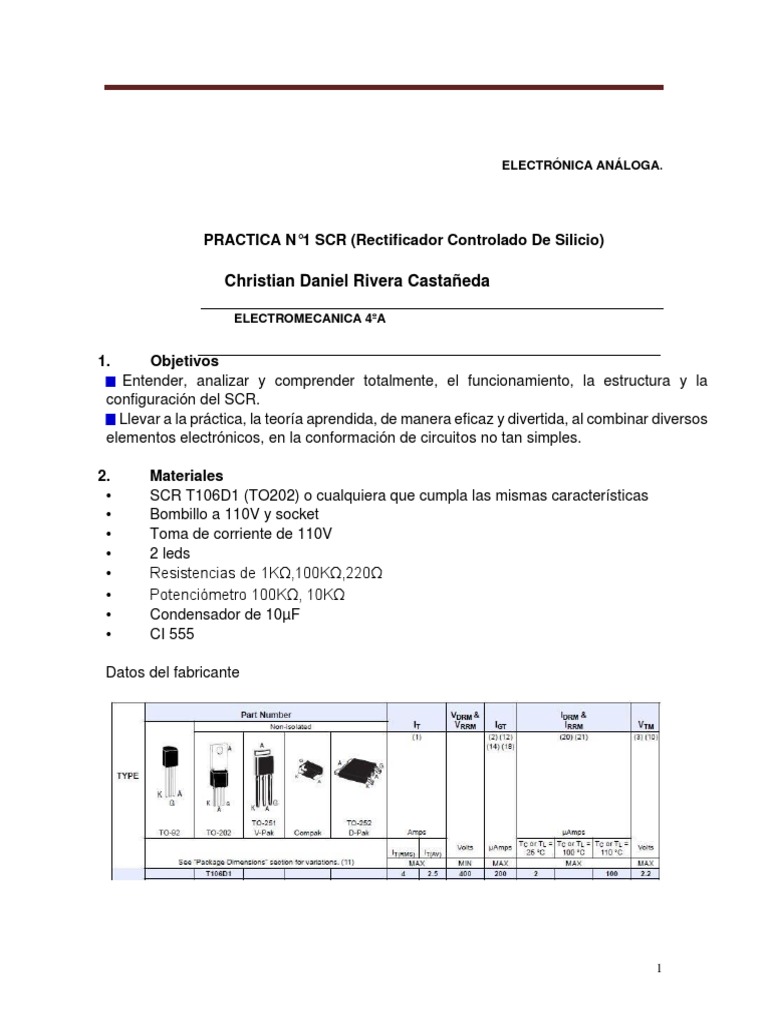 Práctica de Electrónica: SCR y Circuitos | PDF | Equipo | Componentes ...
