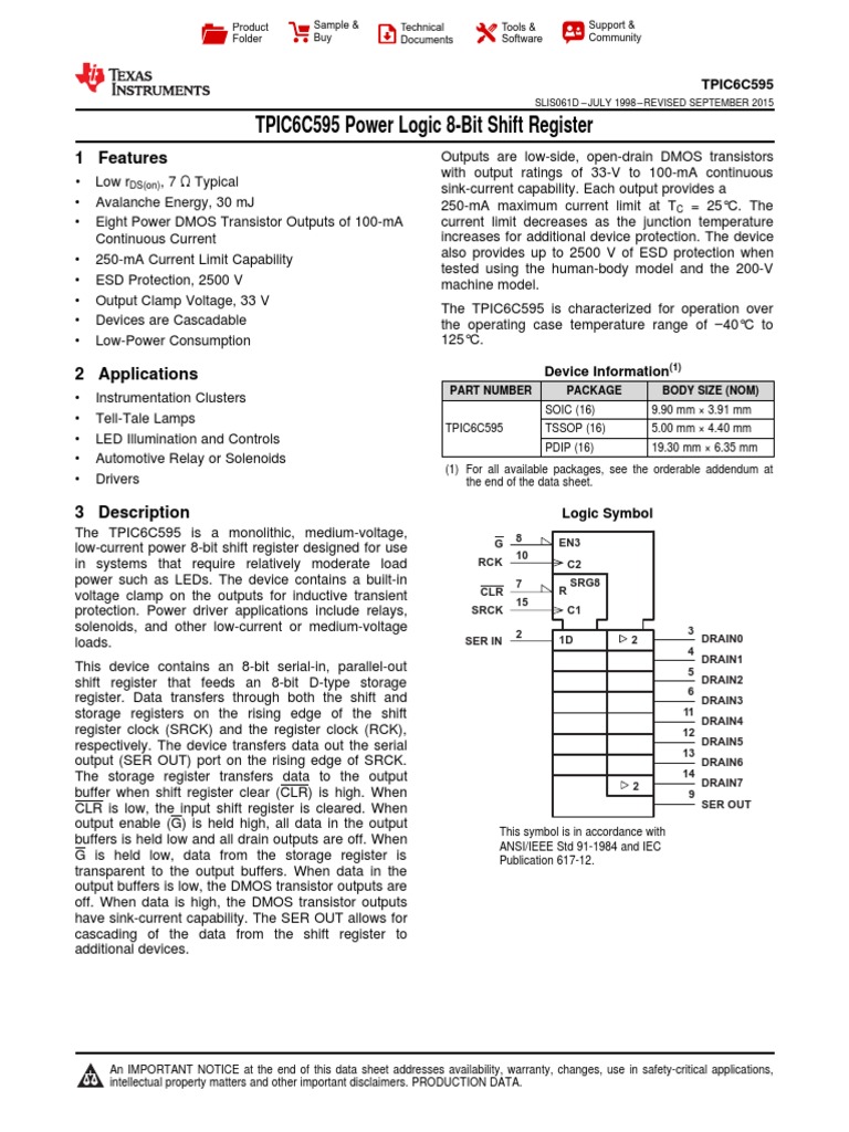 TPIC6C595 Power Logic 8-Bit Shift Register: 1 Features | PDF ...