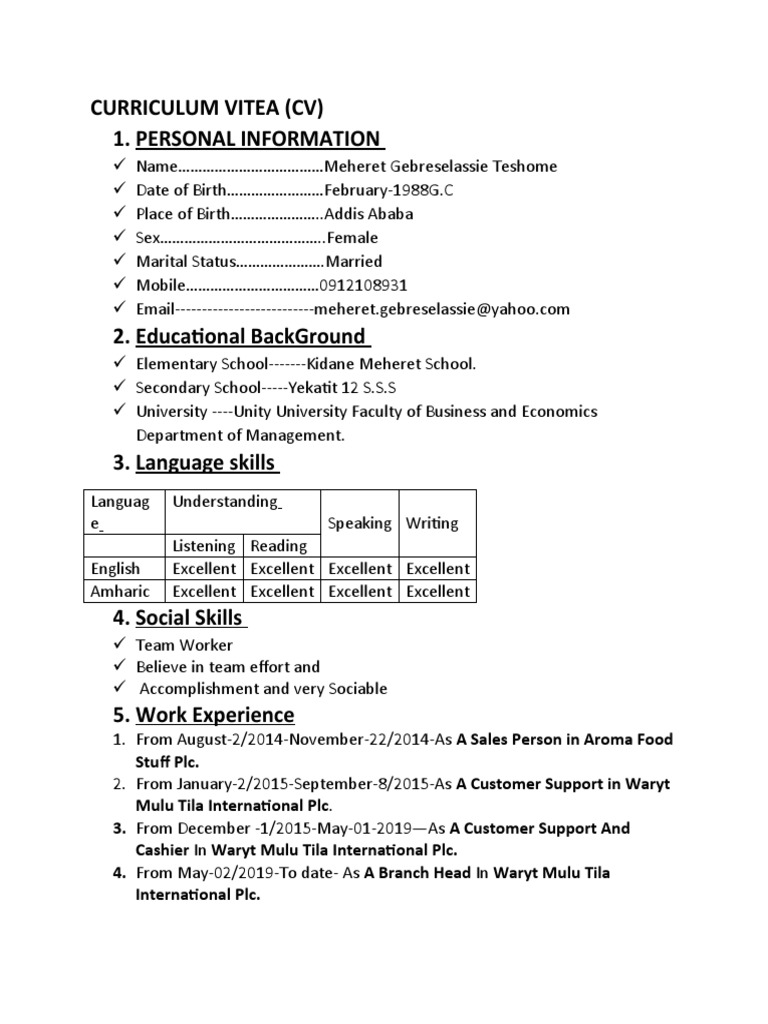 Curriculum Vitea (CV) 1. Personal Information | PDF