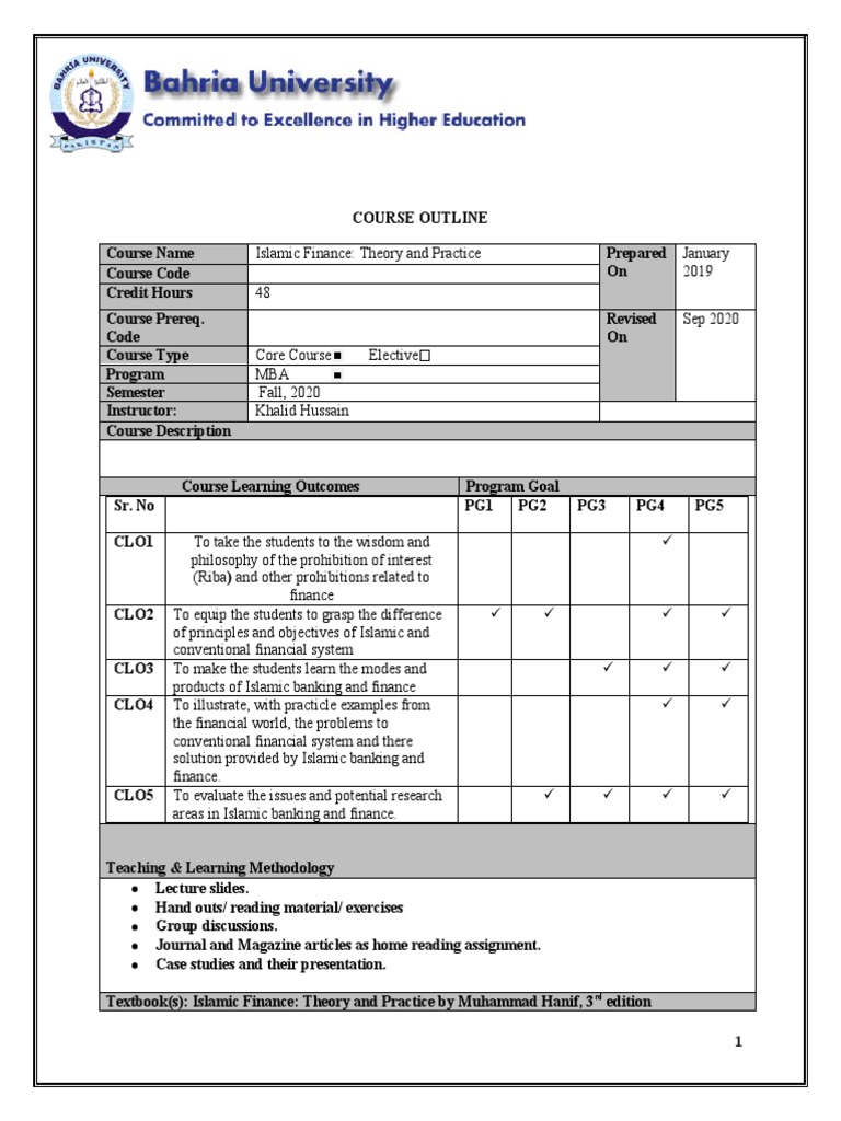IFT Course Outline As Per PLO 21092020 051857pm | PDF | Islamic Banking ...