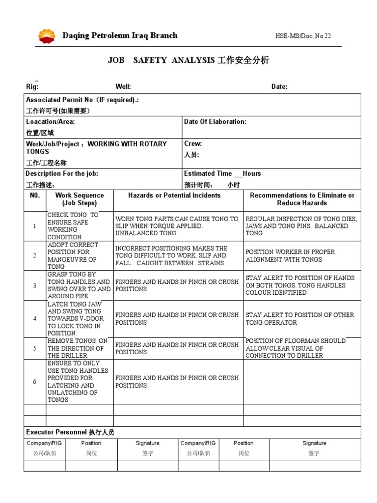 Daqing Petroleum Iraq Branch Job Safety Analysis 工作安全分析 | PDF | Safety ...