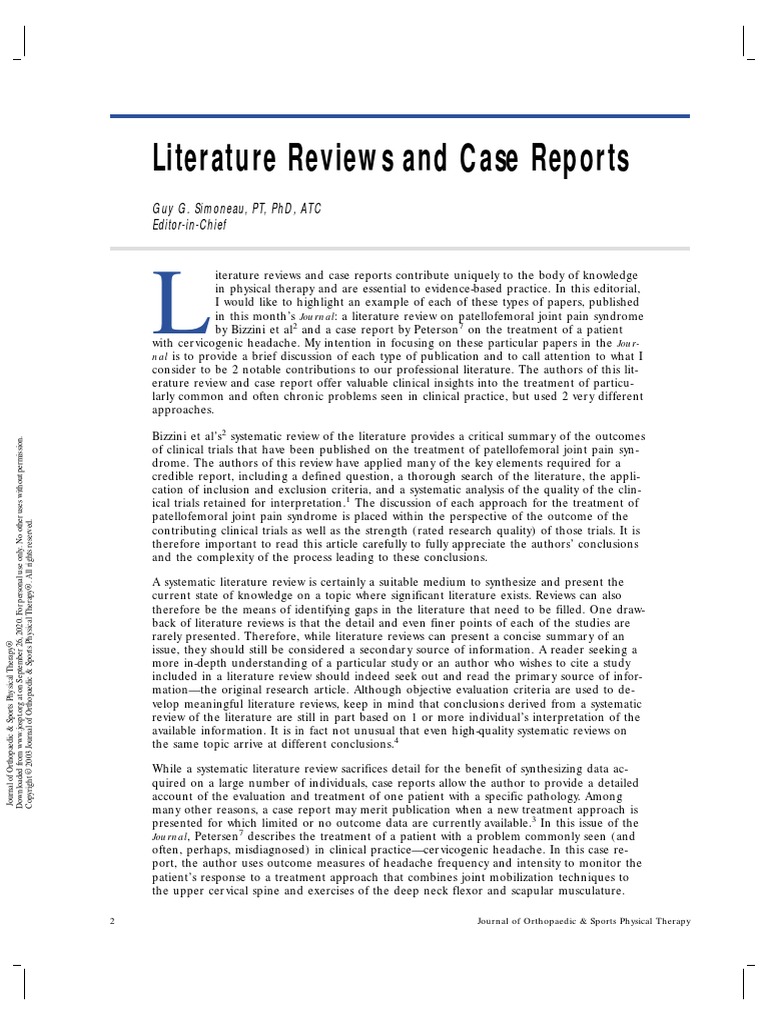 Literature Reviews and Case Reports: Guy G. Simoneau, PT, PHD, Atc ...