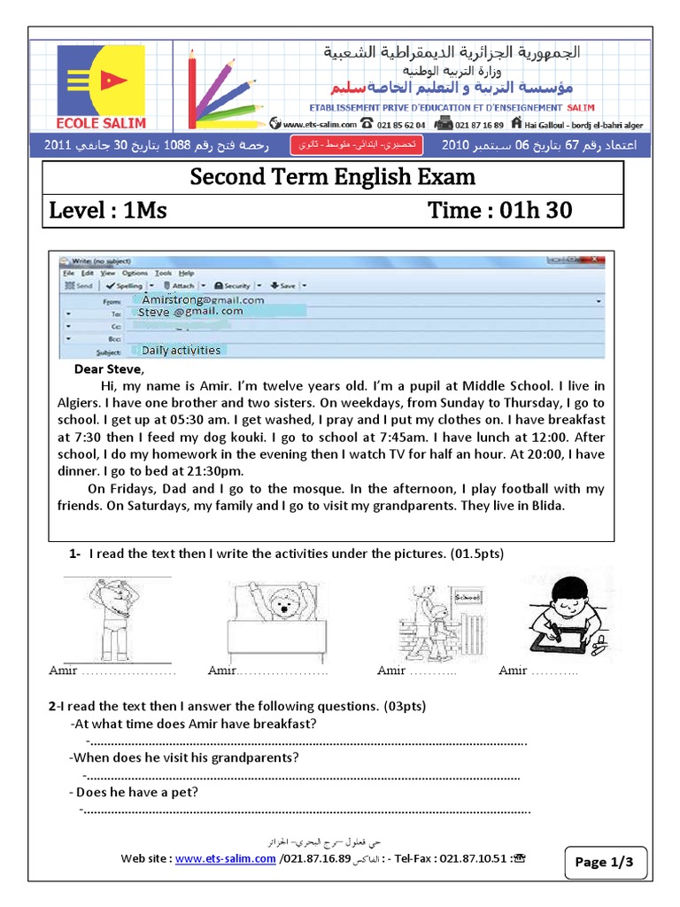 Second Term English Exam Level: 1Ms Time: 01H 30 | PDF | Verb | Linguistics