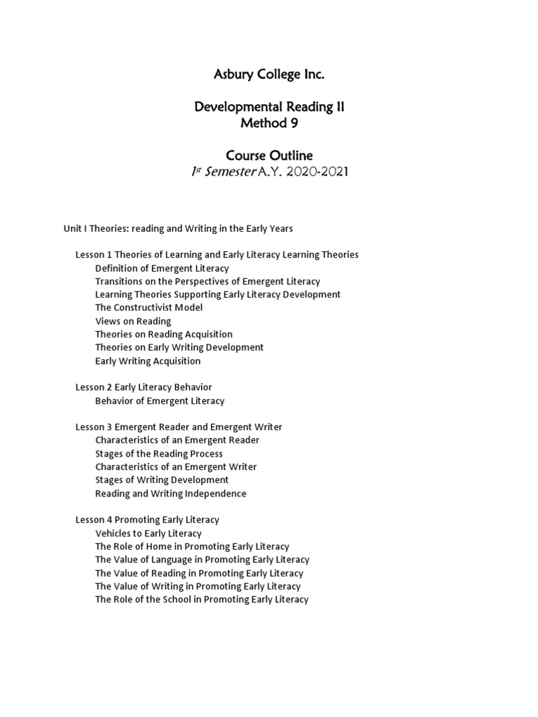 Developmental Reading II Course Outline | PDF | Literacy | Reading ...