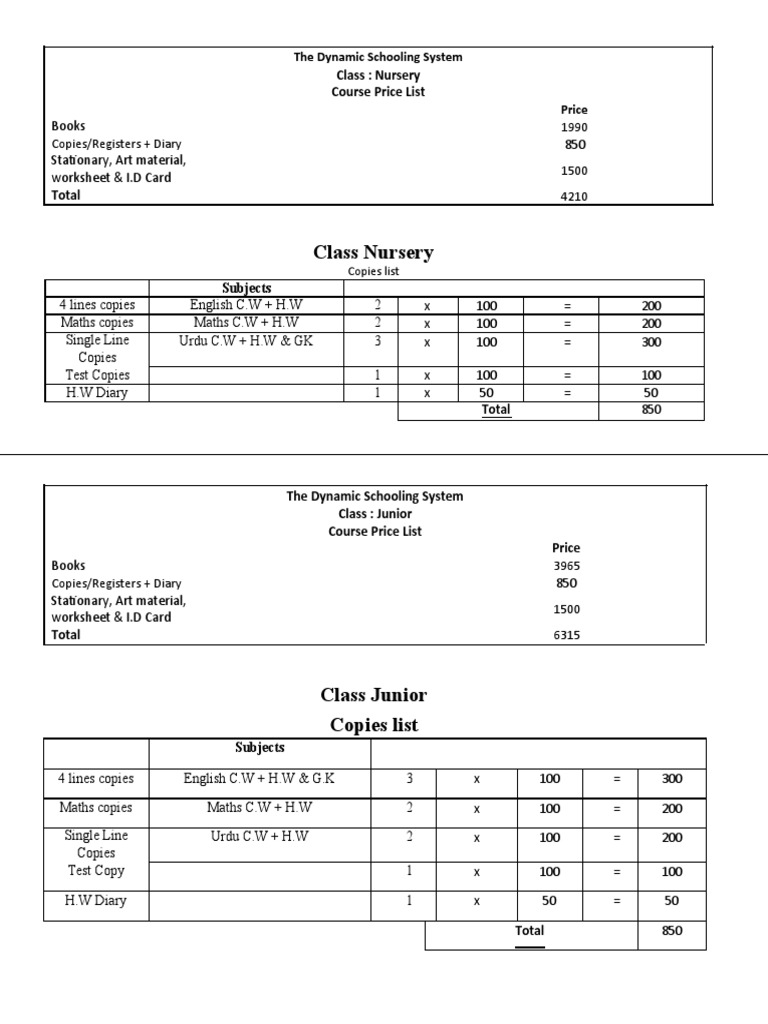Class: Nursery Course Price List | PDF | English Language | Teaching ...