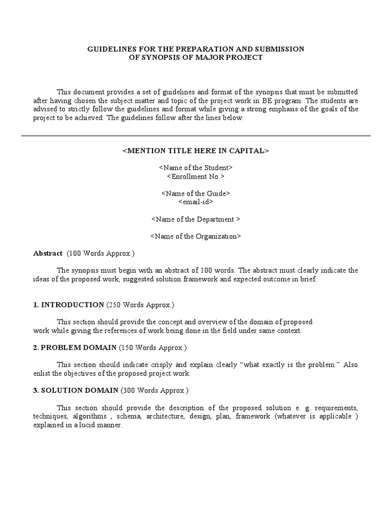 Guidelines For The Preparation and Submission of Synopsis of Major Project | PDF | Conceptual ...