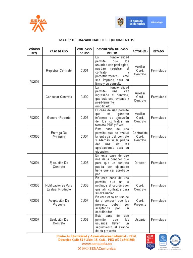 Matriz de Trazabilidad de Requerimientos (Caso Brasilia) | PDF ...