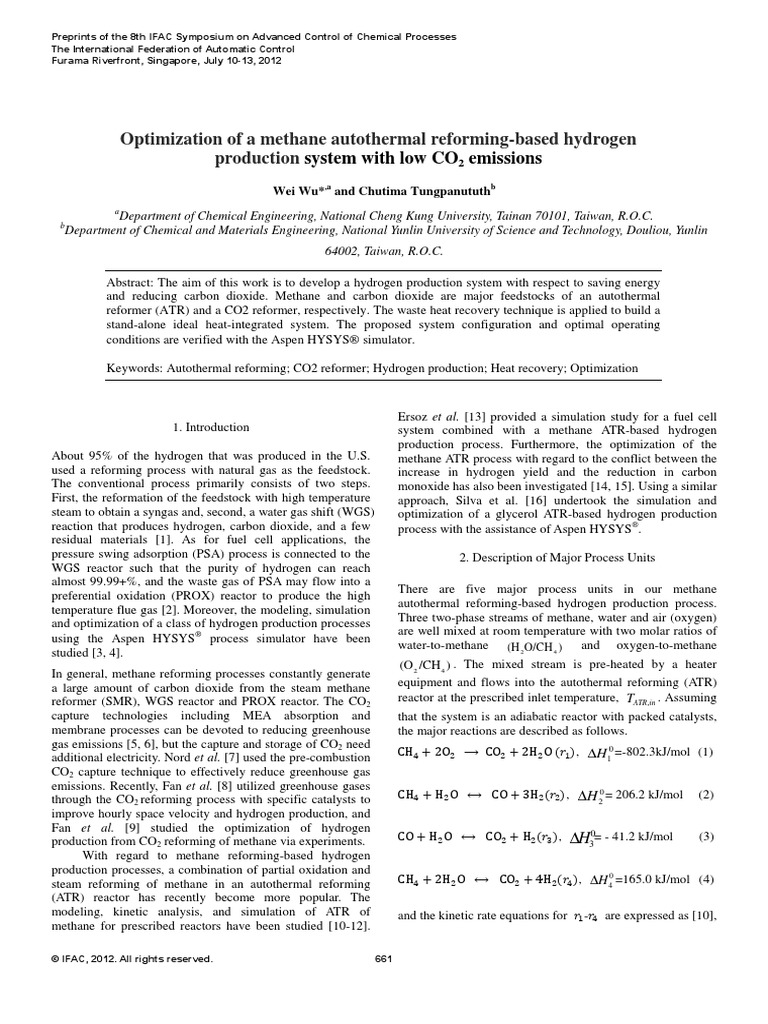 Optimization of A Methane Autothermal Reforming-Based Hydrogen Production System With Low CO2 ...
