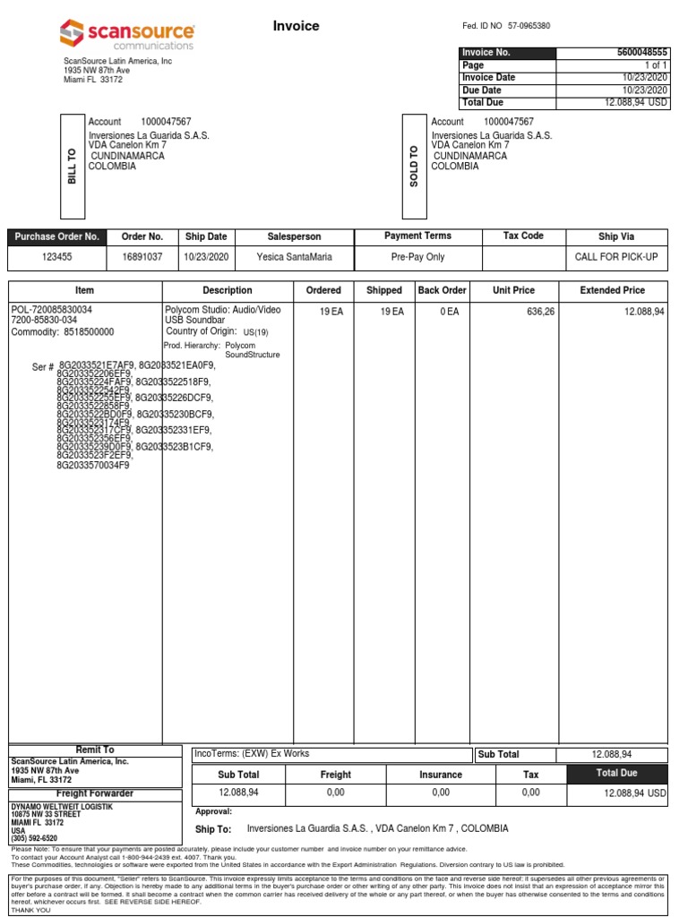 ScanSource Latin America invoice for Polycom Studio audio/video USB ...